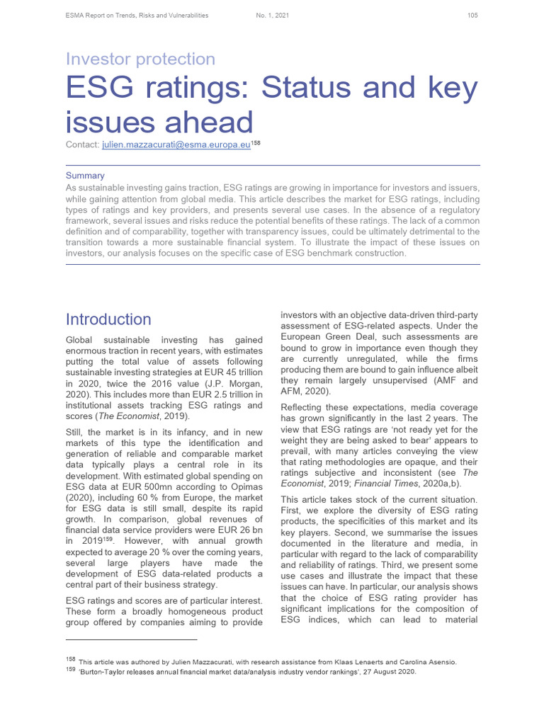 Exam-ESMA TRV 2021 1-Esg Ratings Status and Key Issues Ahead | PDF | Risk | Credit Rating Agency