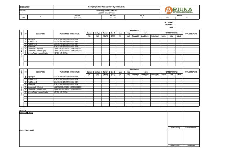 Daily Electric Log Sheet Template | PDF | Electric Generator | Machines