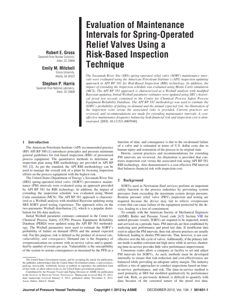 Evaluation of Maintenance Intervals For Spring-Operated Relief Valves ...