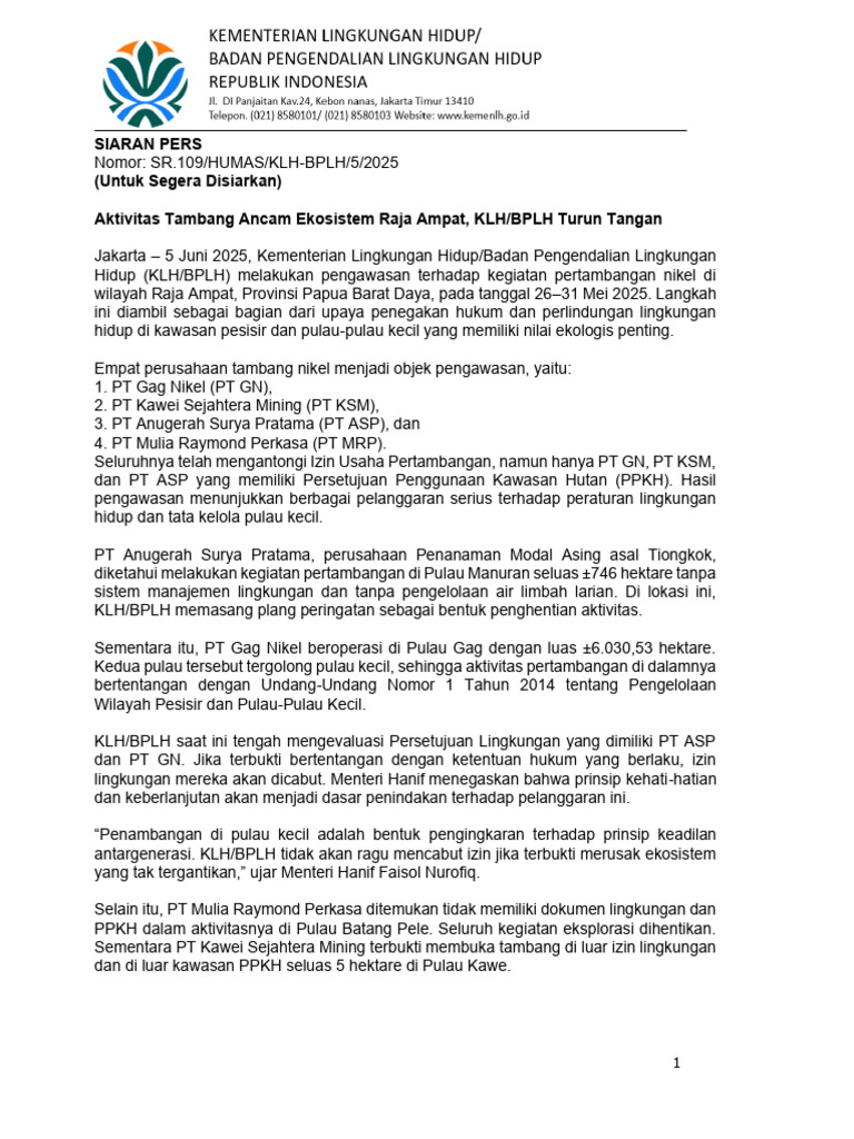 Sipers 109 KLH-BPLH Tindak Lanjuti Kerusakan Di Raja Ampat | PDF