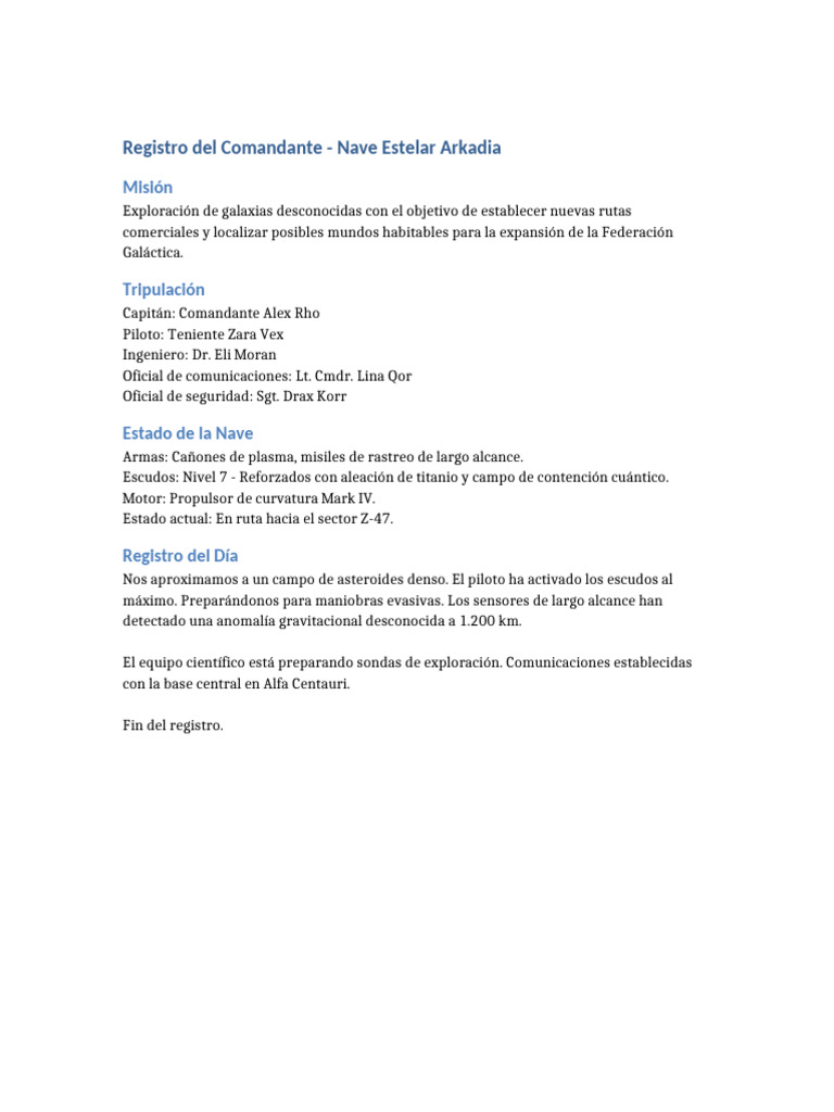 Registro Comandante Arkadia | PDF