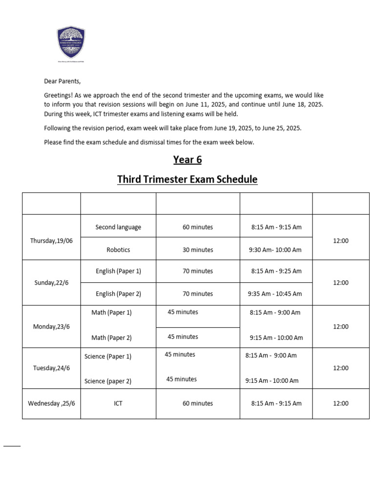 Year 6 Exam Letter | PDF