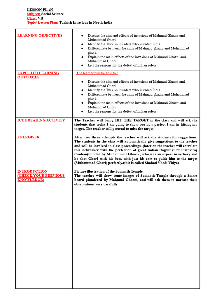 Turkish Invasions in North India: Class 7 Plan | PDF