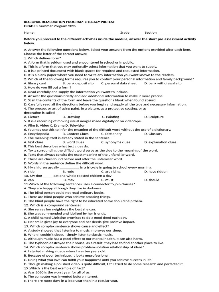 Grade 5 Literacy Pretest 2025 | PDF | Narration