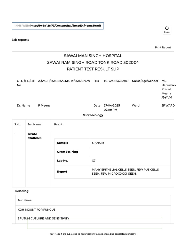 KOH Mount Test Results for Sputum | PDF