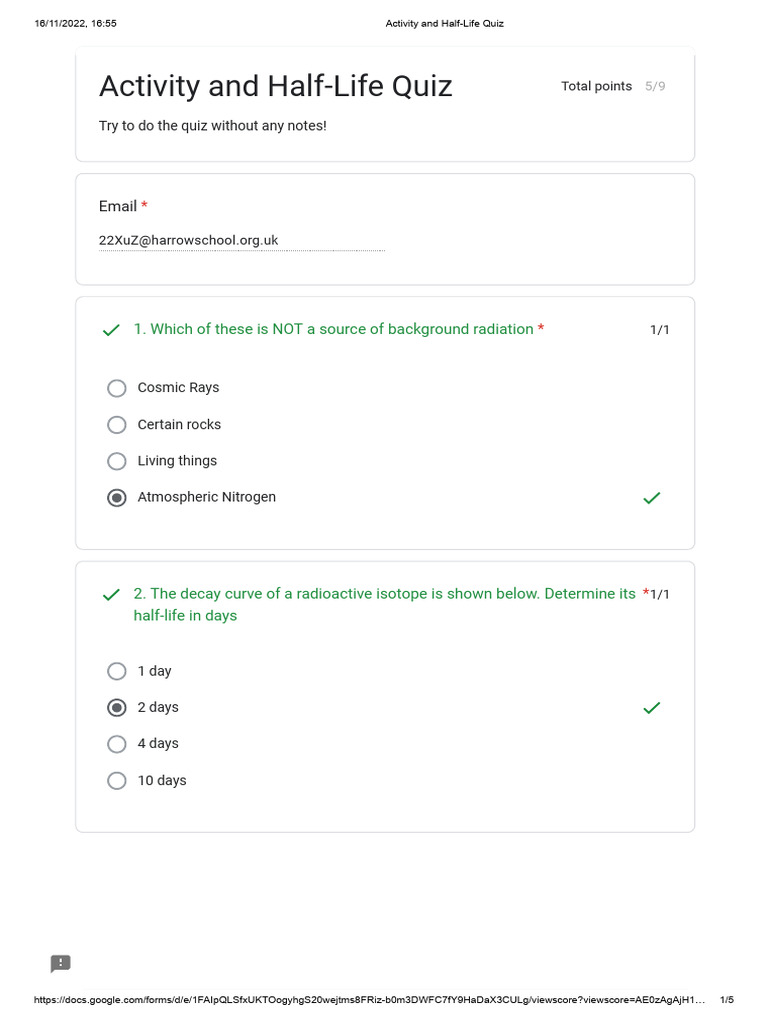Activity and Half-Life Quiz | PDF | Radioactive Decay | Nuclear Chemistry