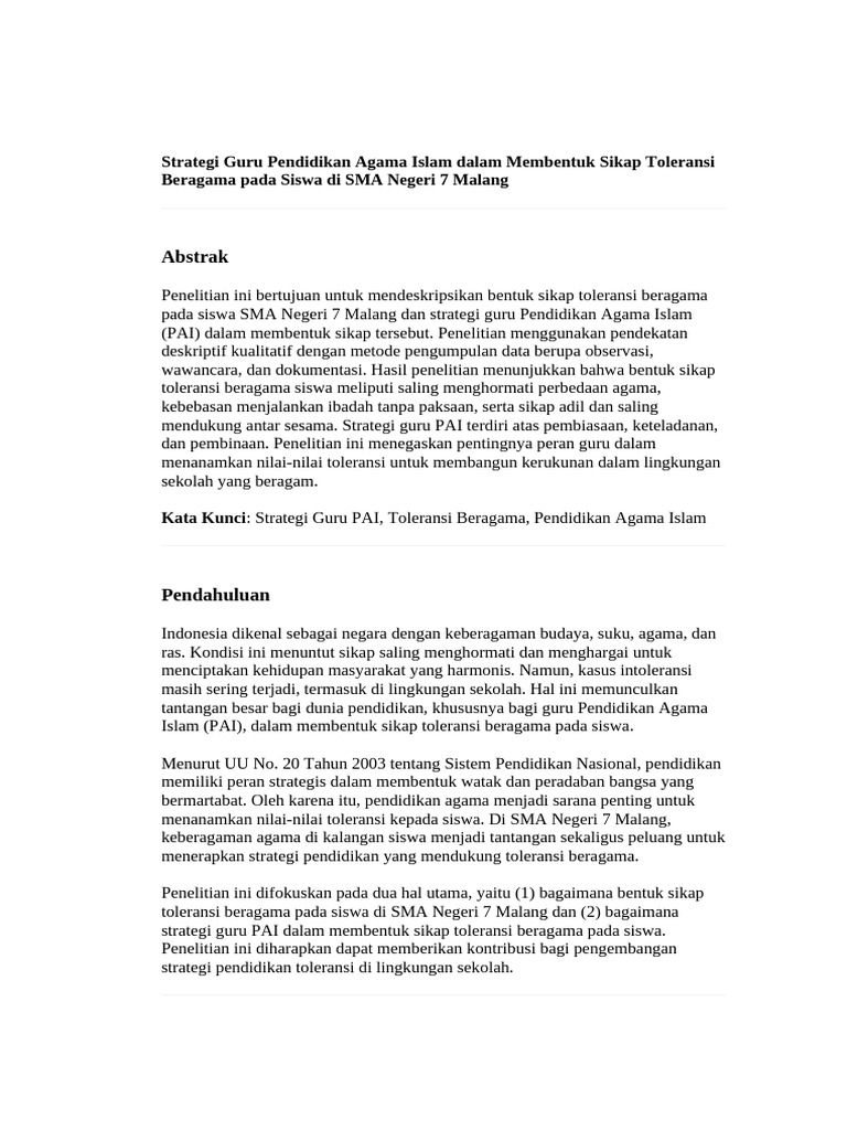 Strategi Guru Pendidikan Agama Islam Dalam Membentuk Sikap Toleransi Beragama Pada Siswa Di SMA ...