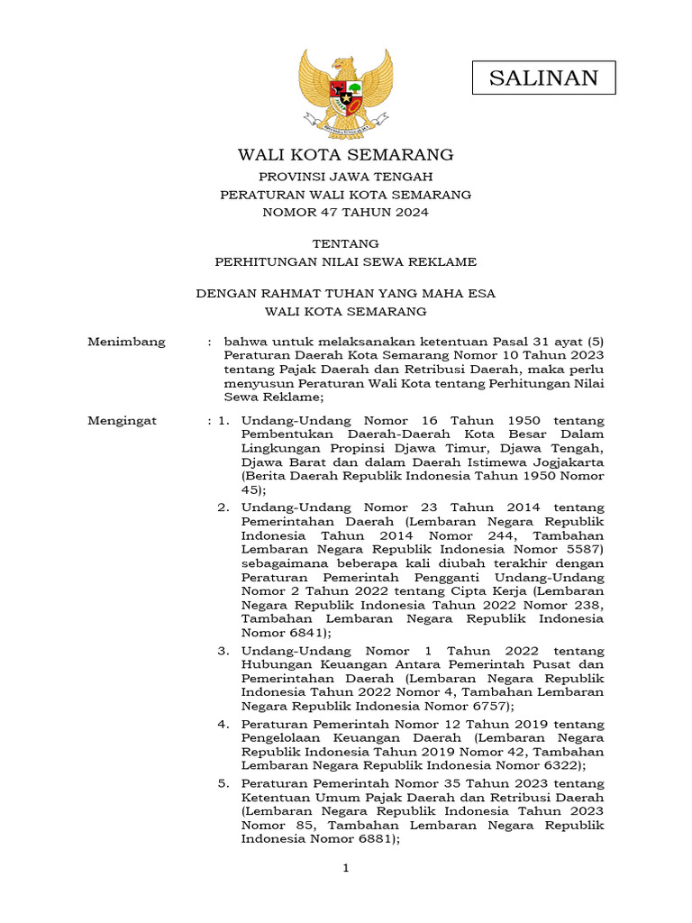 Perwal 47 2024 Perhitungan - Nilai - Sewa - Reklame | PDF