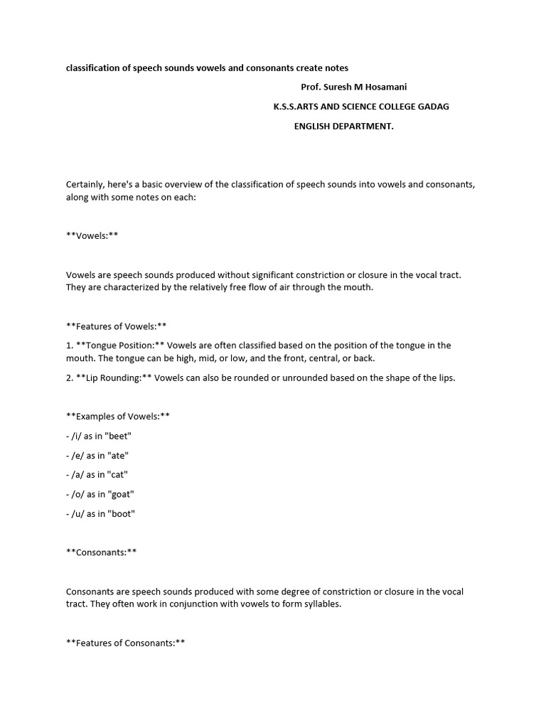 Classification of Speech Sounds Vowels and Consonants Create Notes ...