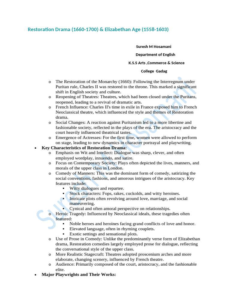 Restoration Drama (1660-1700) & Elizabethan Age (1558-1603) | PDF ...