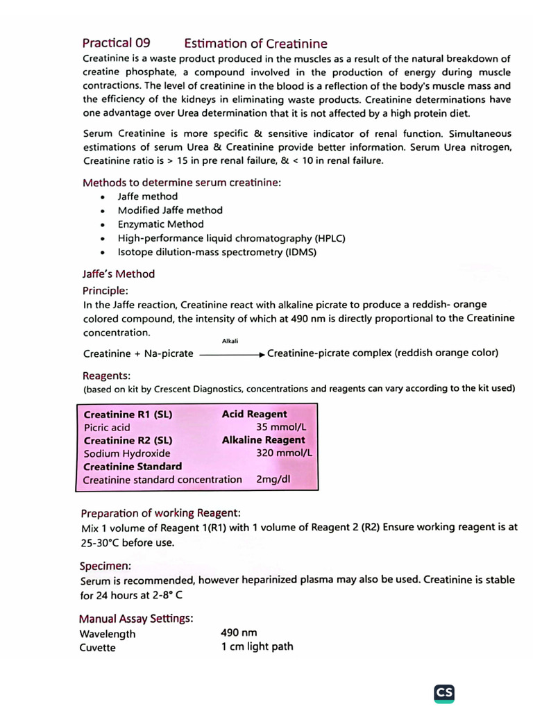 Estimation of Serum Creatinine | PDF