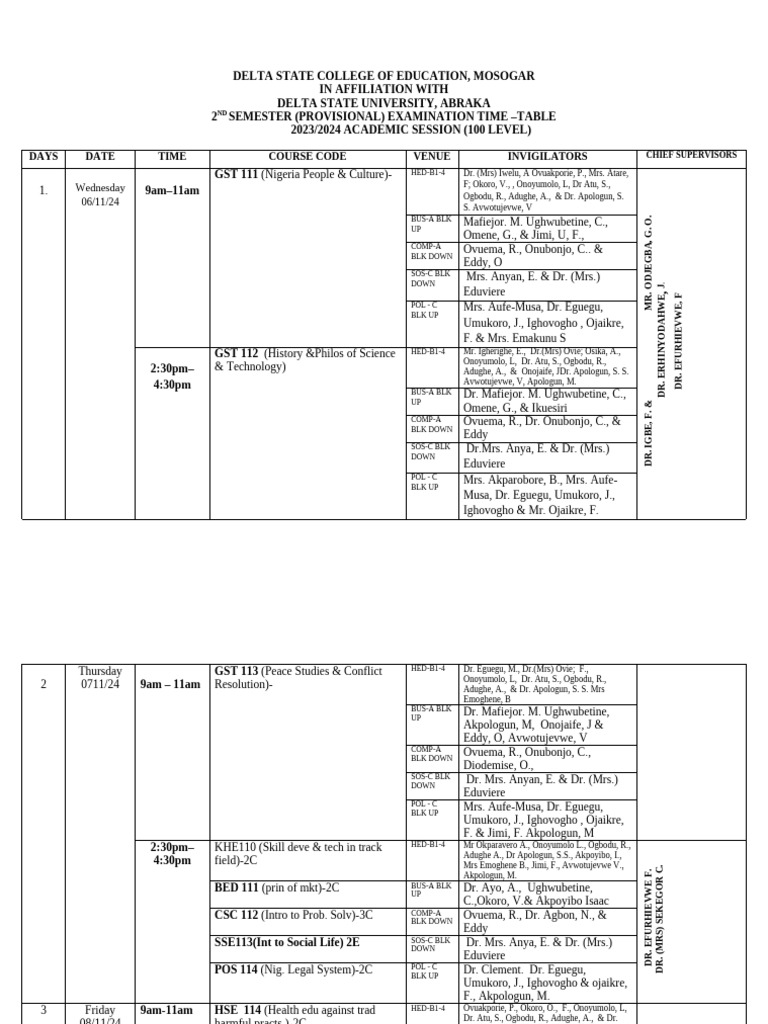 Second Semester Exam Time Table Real 2024 | PDF