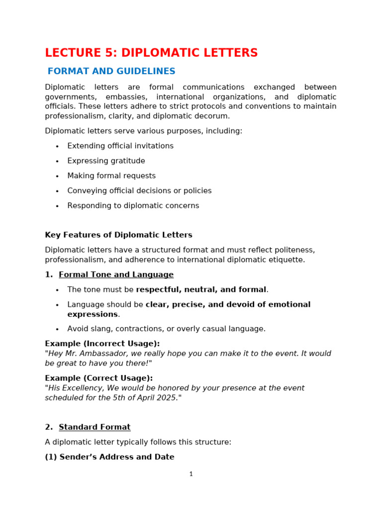 LECTURE 5 Diplomatic Letters | PDF | Ambassador | Diplomatic Mission