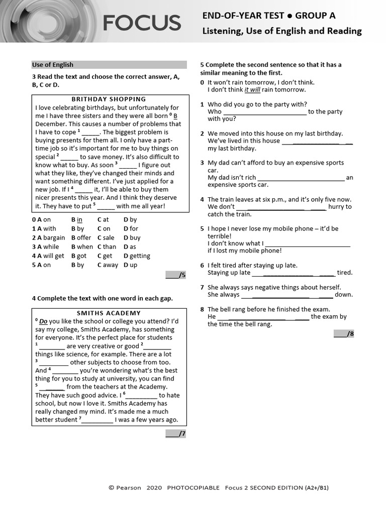 End-of-Year English Test A2+/B1 | PDF