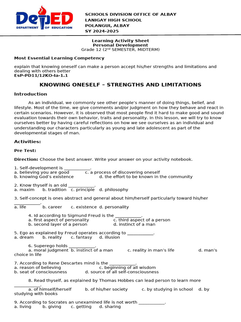 Learning Activity Sheet Personal Development Module 1 Grade 12 | PDF | Mind | Psychology