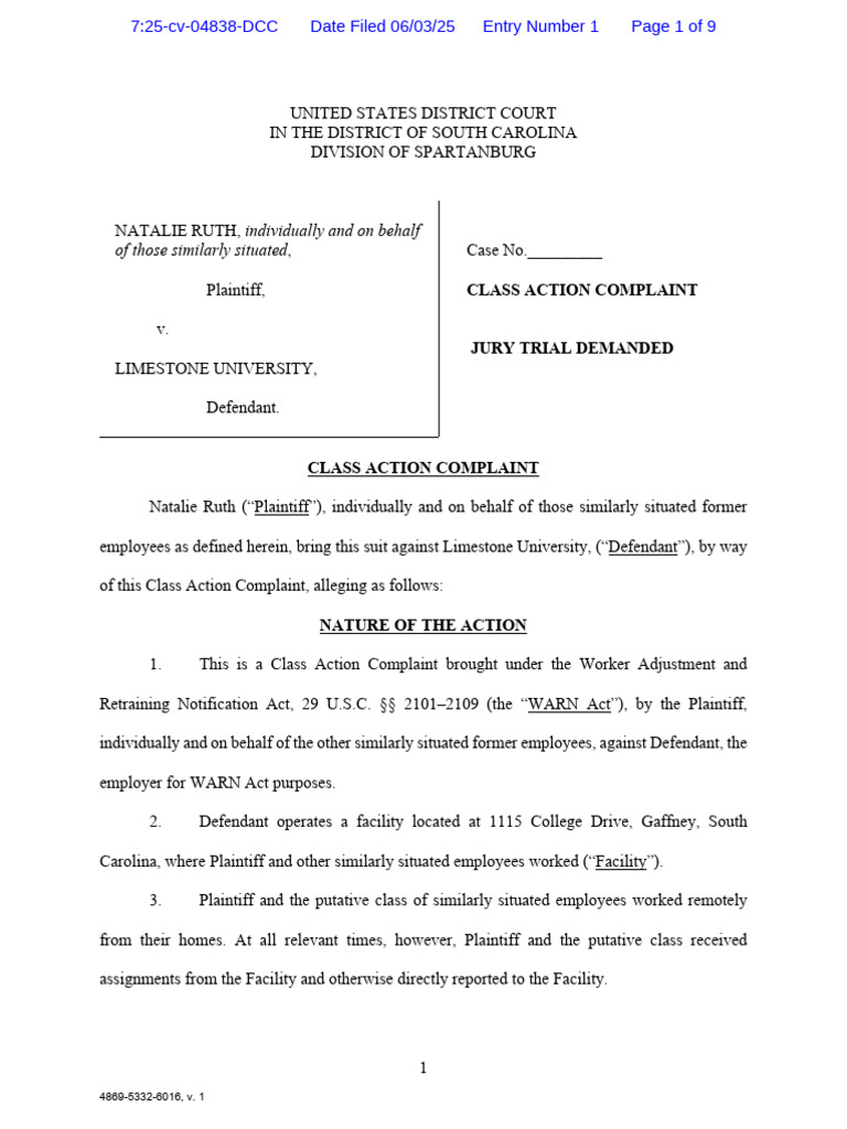 Limestone University Natalie Ruth | PDF | Class Action | Employment