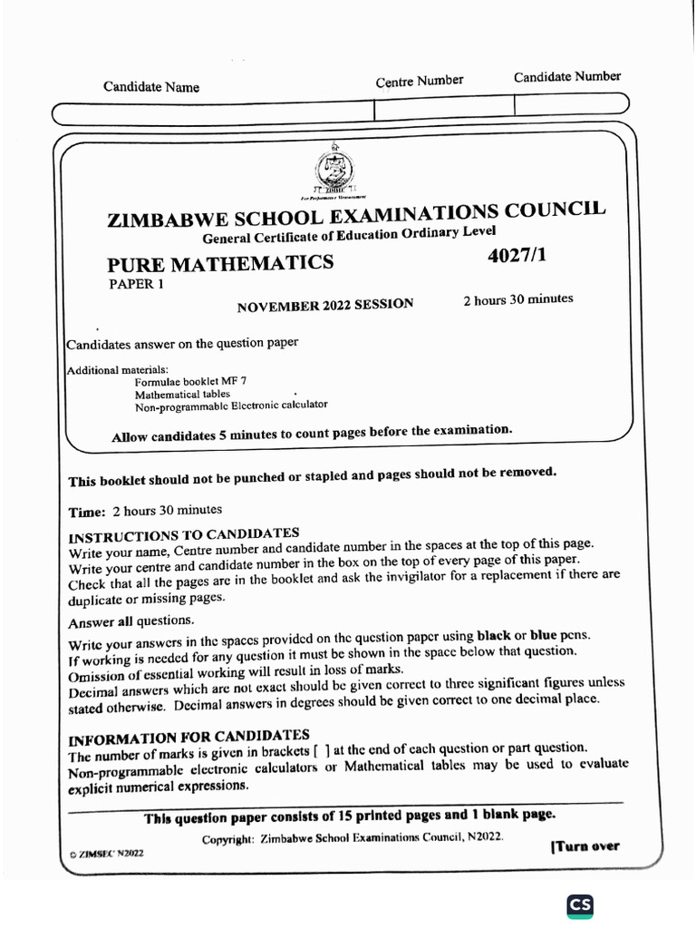 Pure Maths 4027 - 1, N2022 | PDF