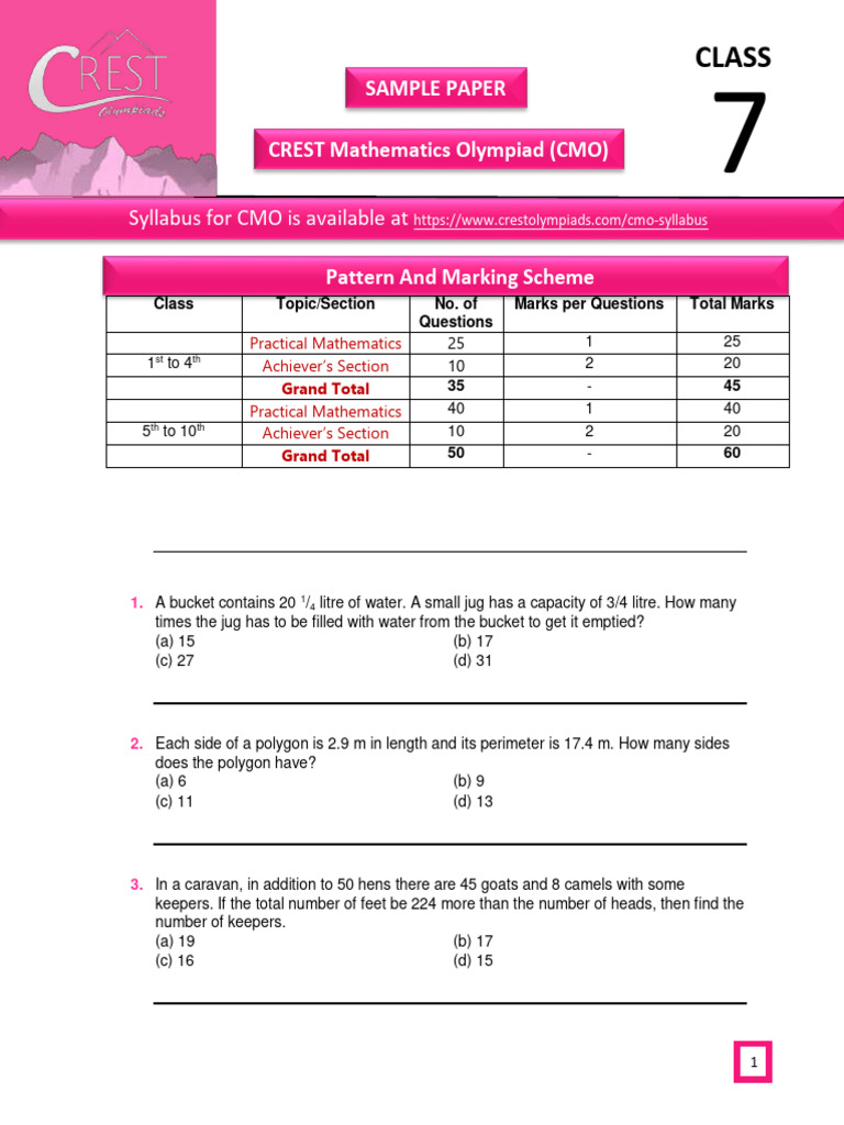 CMO Class 7 Sample Paper | PDF | Triangle | Elementary Geometry