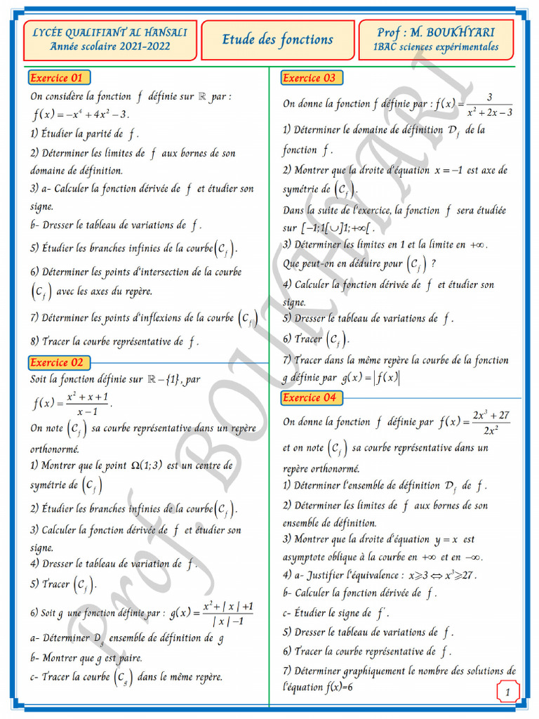 Exercices Tude Des Fonction | PDF