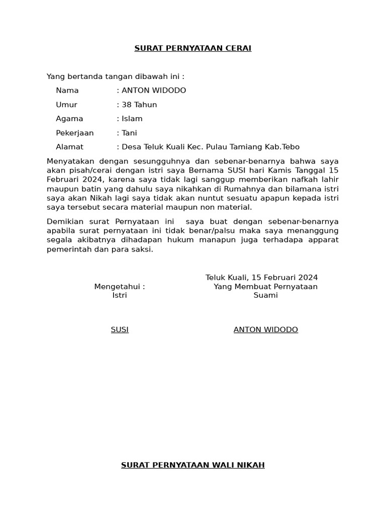 Surat Pernyataan Cerai | PDF