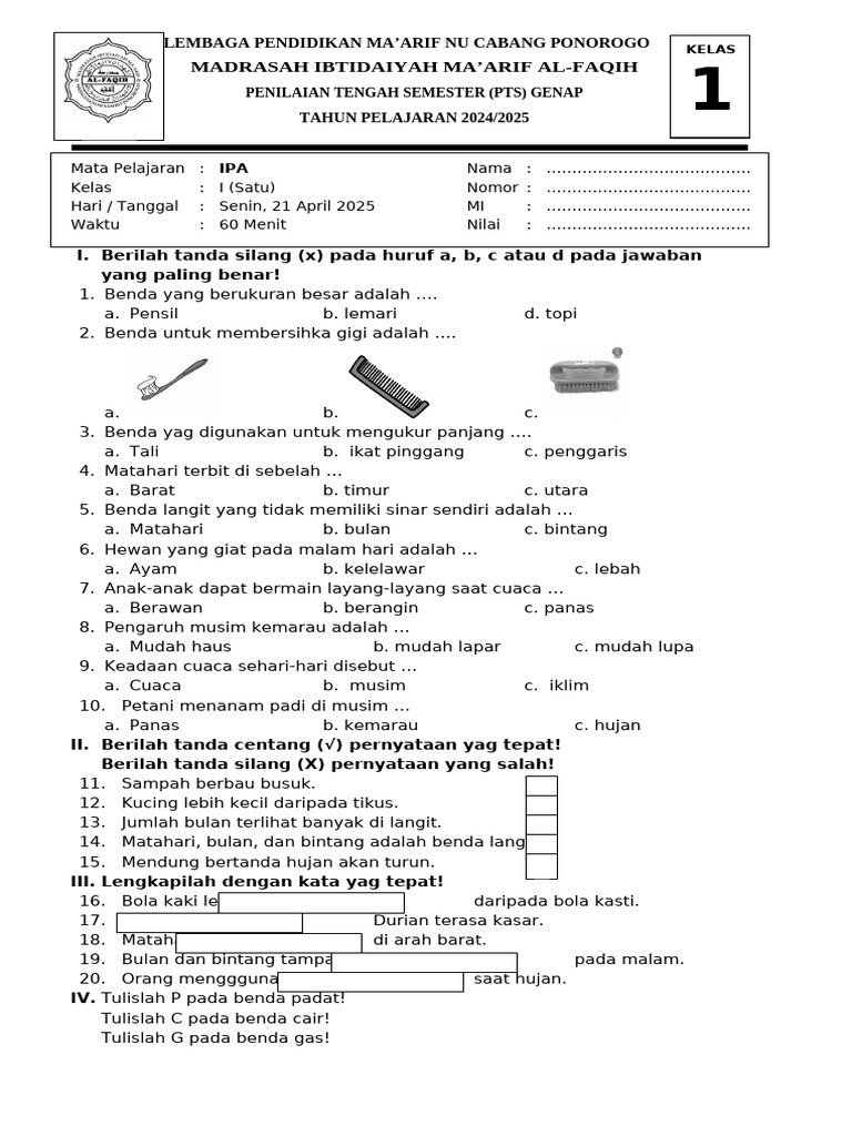 Pts Kls 1 Genap | PDF
