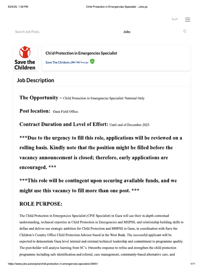 Child Protection in Emergencies Specialist - Job Description | PDF