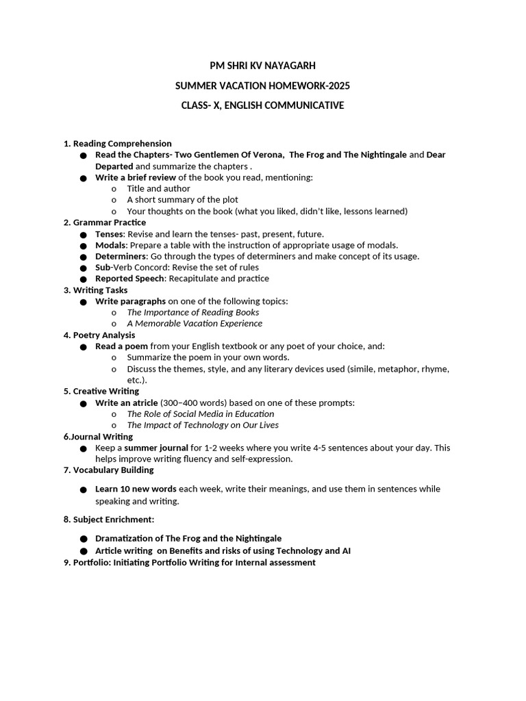 Class 10 Summer Homework 2025 | PDF