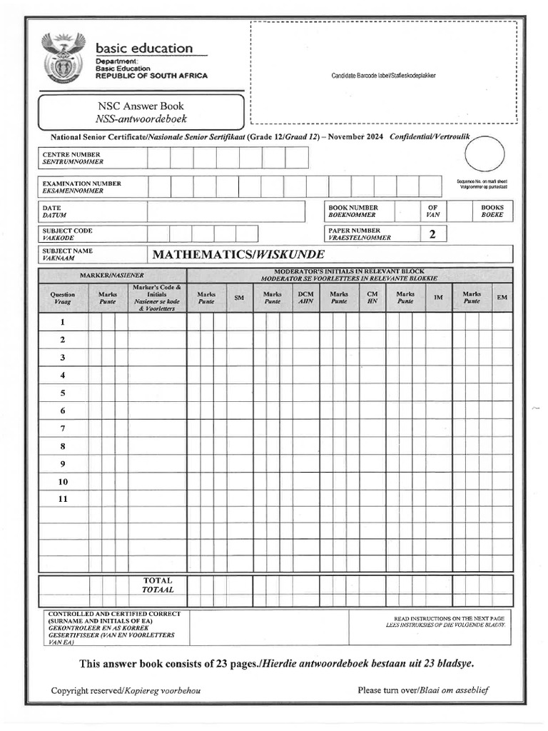 Mathematics P2 Nov 2024 Answer Book Afr & Eng | PDF