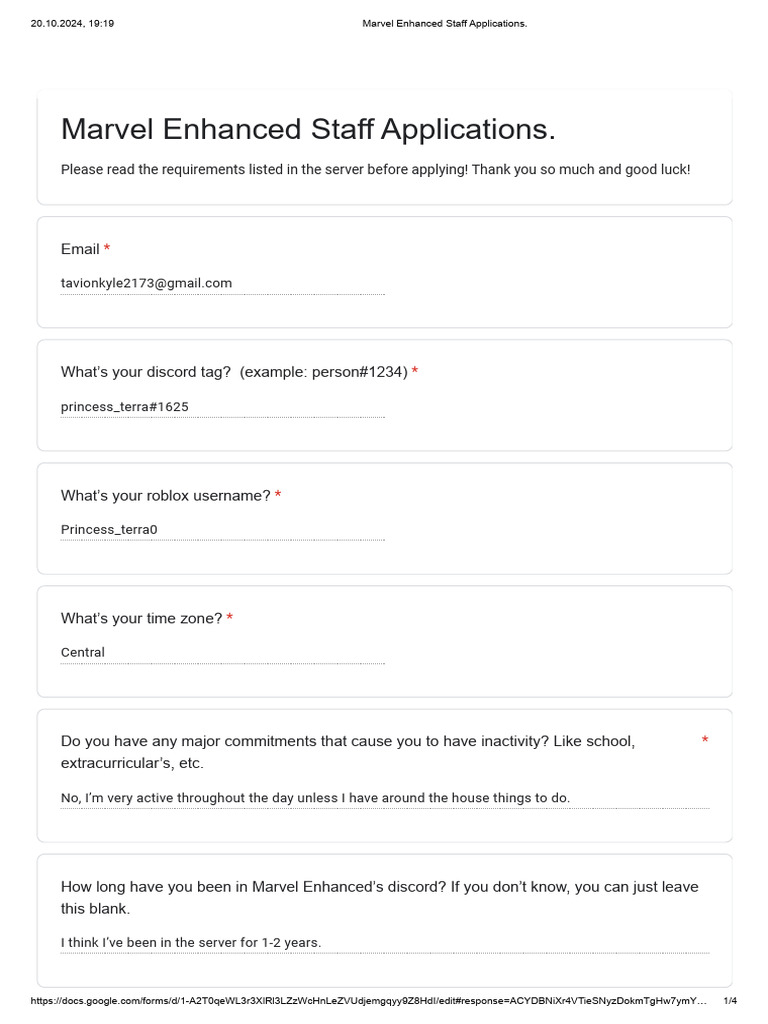 Marvel Enhanced Staff Applications. - Google Forms | PDF