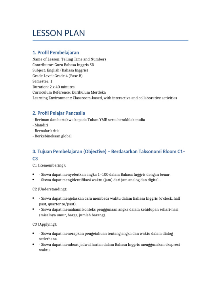 Final Lesson Plan Telling Time and Numbers Kelas4 | PDF