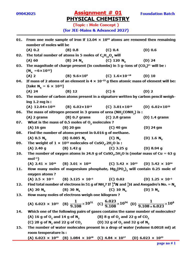 Assignment 01 Mole Concept | PDF | Mole (Unit) | Materials