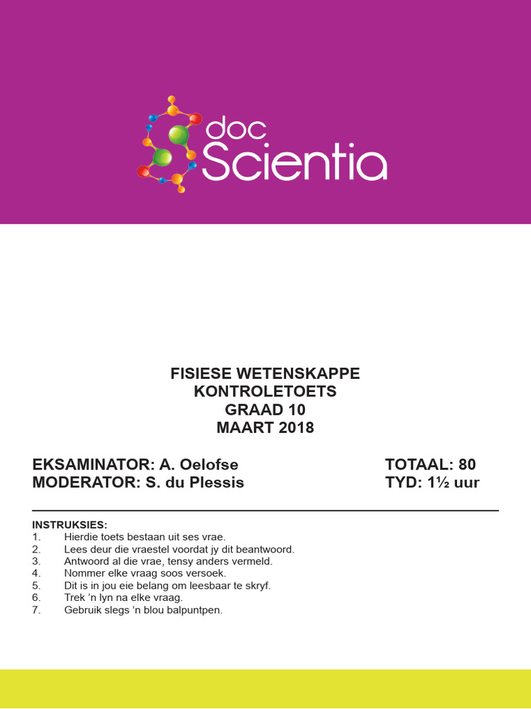 Graad 10 - Fisiese Wetenskap - Kontrole Toets - Maart 2018 - (Doc ...