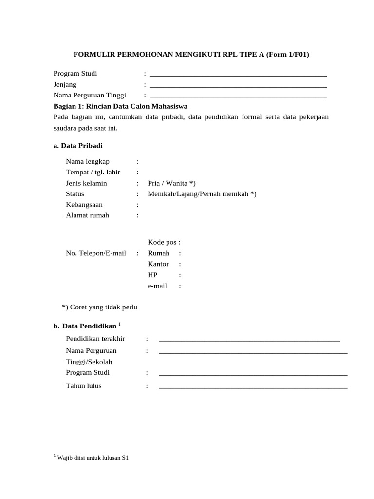 Formulir Permohonan Mengikuti RPL Tipe A | PDF
