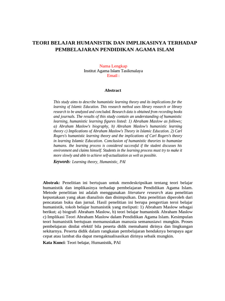 Teori Belajar Humanistik Dan Implikasinya Terhadap Pembelajaran Pendidikan Agama Islam | PDF