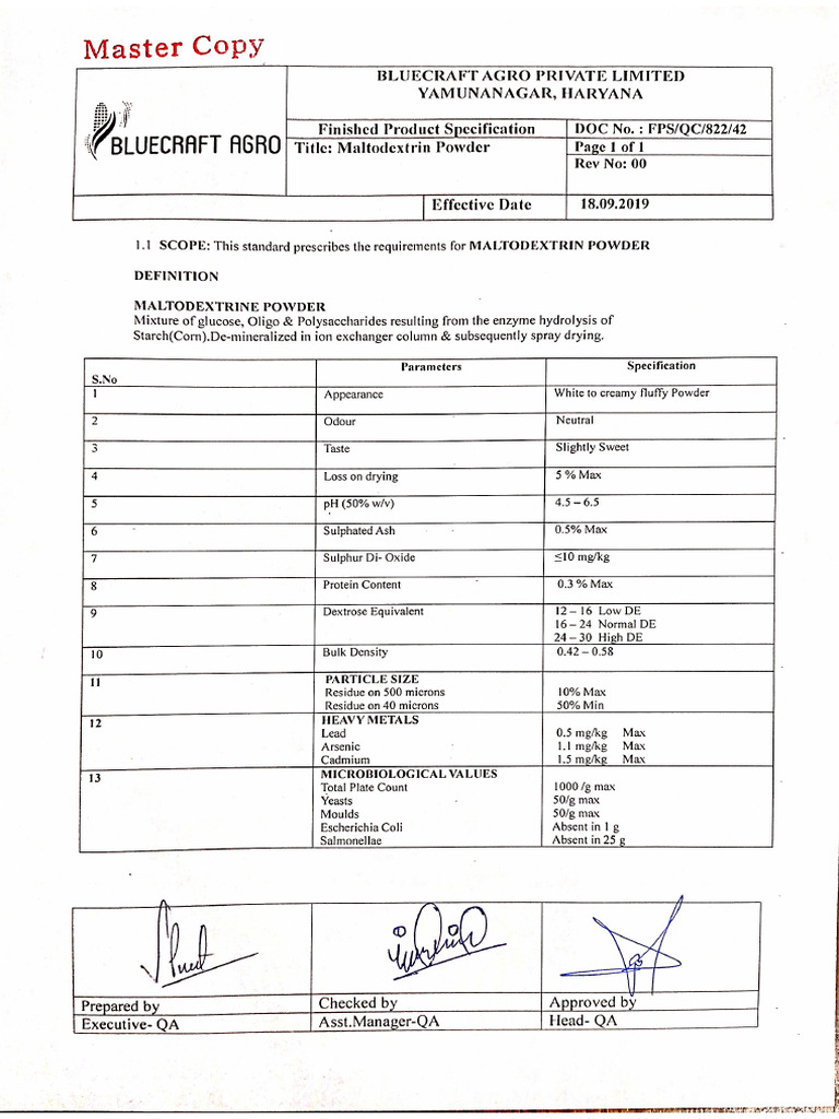 Specification of Maltodextrin Powder MDP | PDF