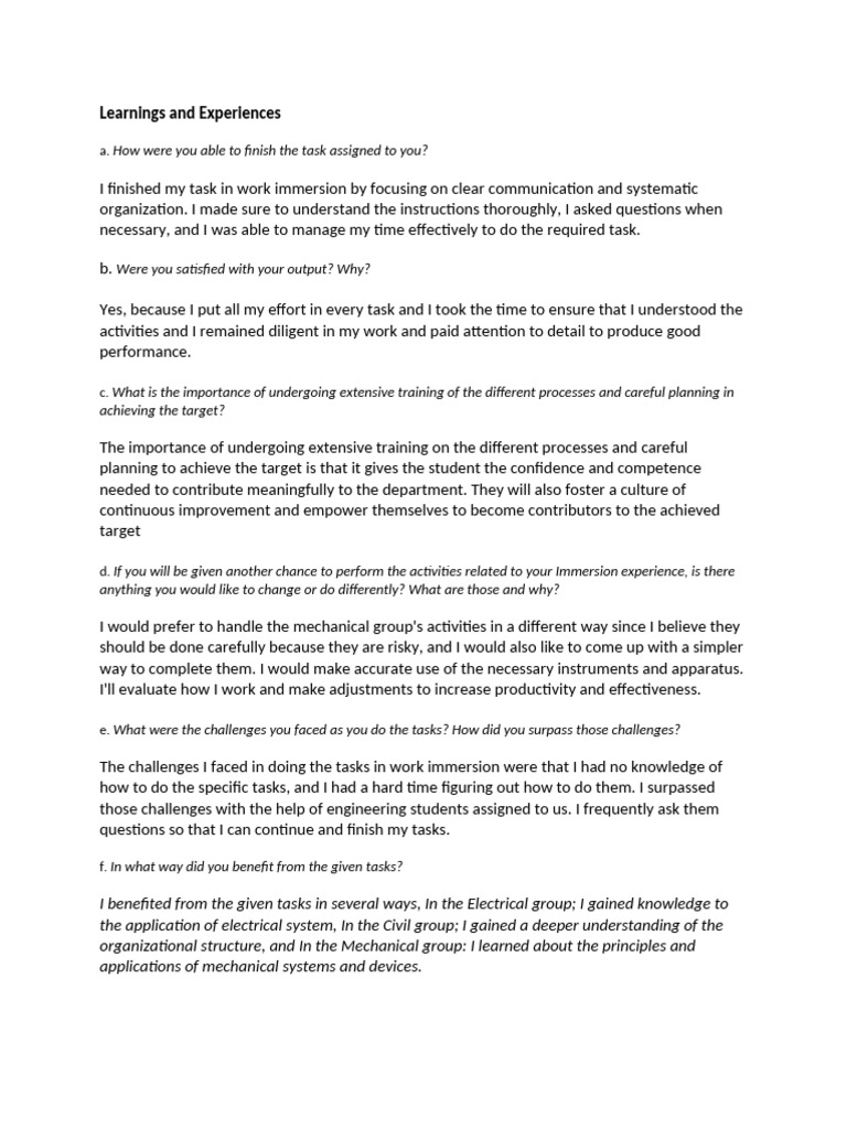 Work Immersion Insights and Reflections | PDF