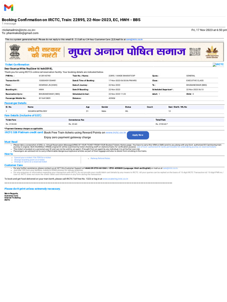Gmail - Booking Confirmation On IRCTC, Train - 22895, 22-Nov-2023, EC, HWH - BBS | PDF | Banking ...