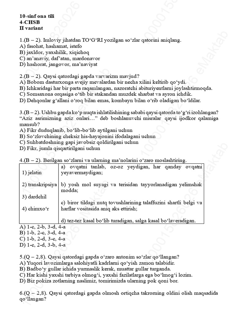 10-Sinf Ona Tili 4-CHSB 2-Variant | PDF