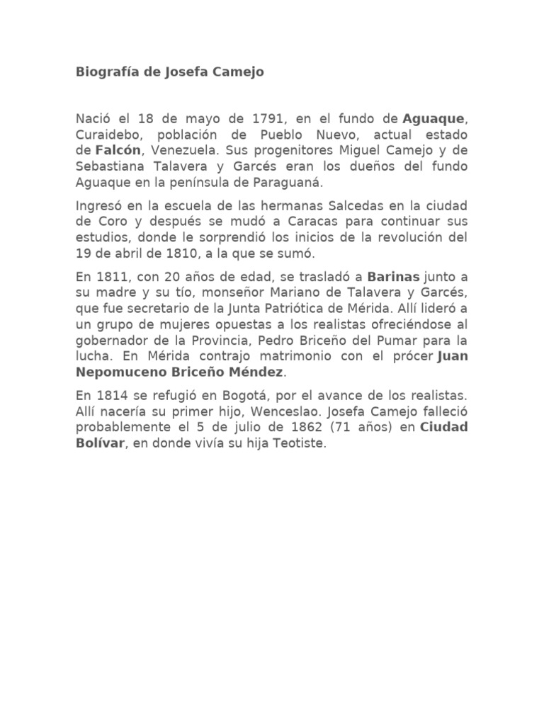Biografía de Josefa Camejo | PDF