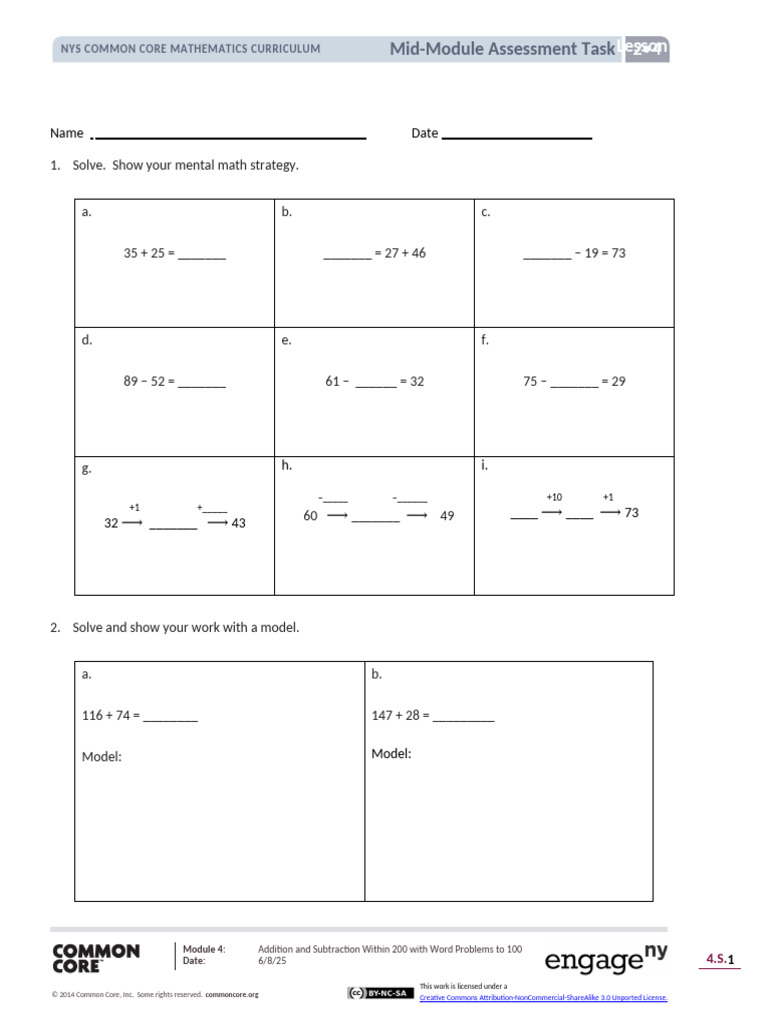 Math g2 m4 Mid Module Assessment | PDF | Subtraction | Cognition