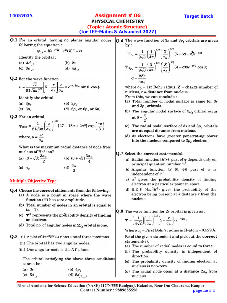 Assignment #Atomic Structure *Schrodinger Wave Equation* | PDF