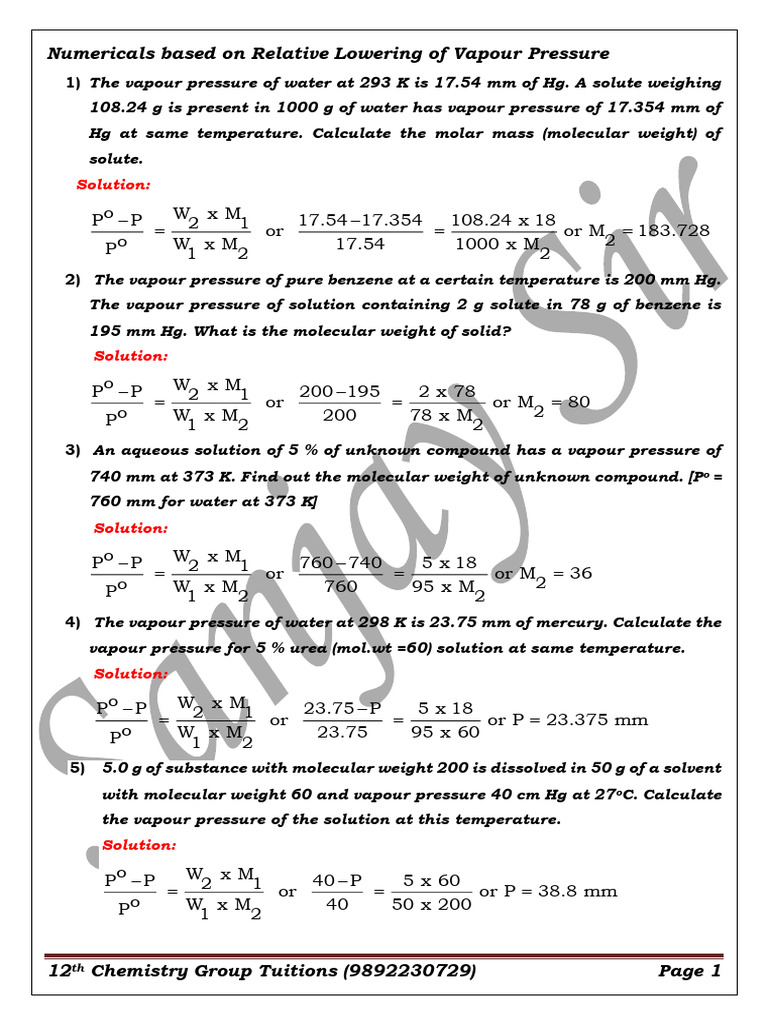 Relative Lowering of Vapour Pressure Numericals | PDF | Chemistry ...