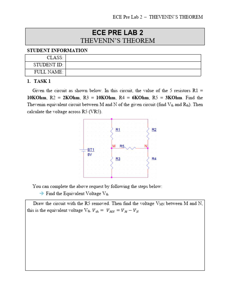 Thevenin's Theorem ECE Pre Lab Guide | PDF