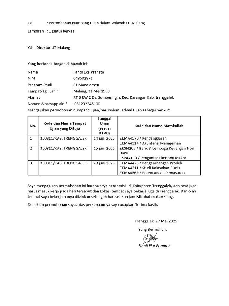 Fandi Eka Pranata - Surat Numpang Ujian Oleh Mahasiswa | PDF