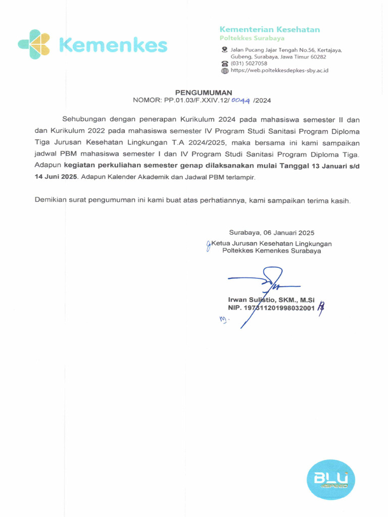 Pengumuman JDW PBM Genap Prodi Sanitasi d3 T.A 2024 - 2025.new | PDF