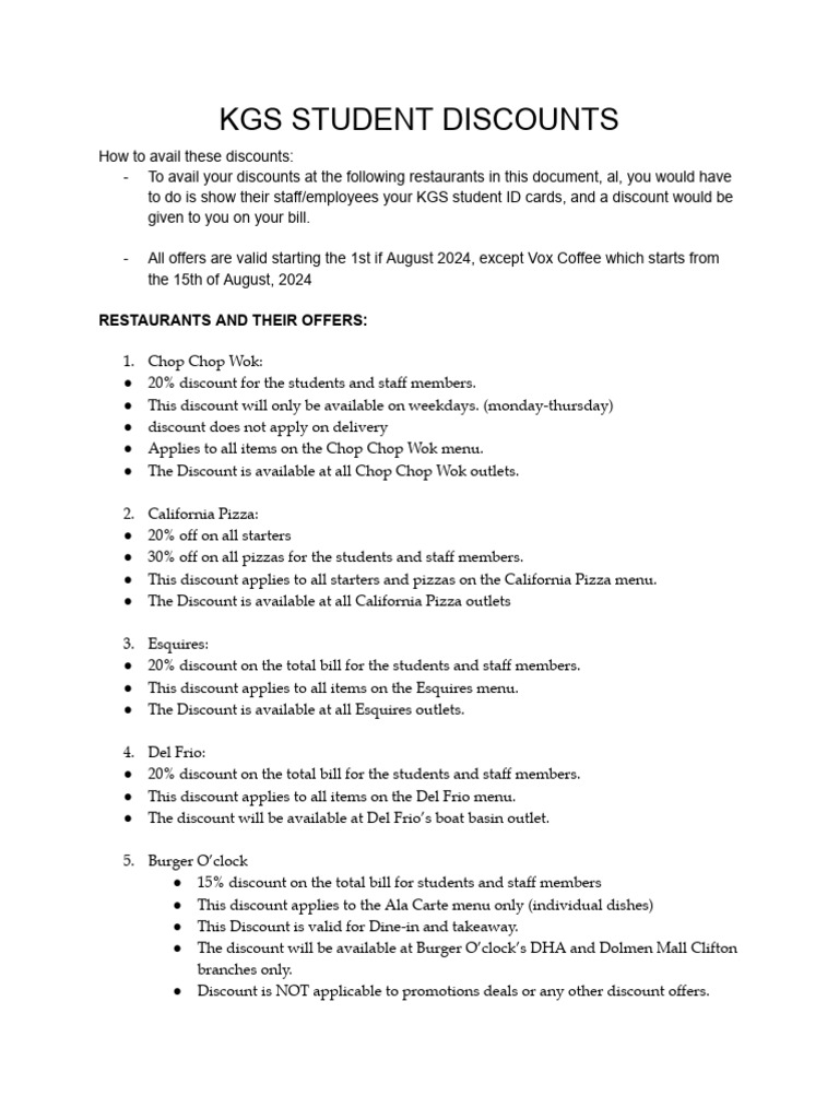 KGS Student Discounts at Restaurants | PDF | Cuisine | Restaurants