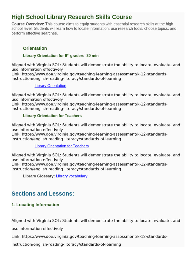 Aligned High School Library Research Skills Course | PDF | Libraries ...