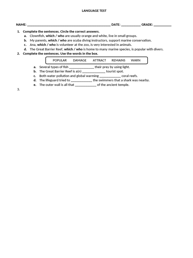 Language Test: Marine Life Vocabulary | PDF