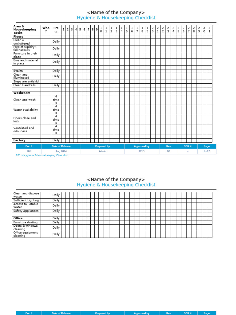 201 - Hygiene & Housekeeping Checklist | PDF