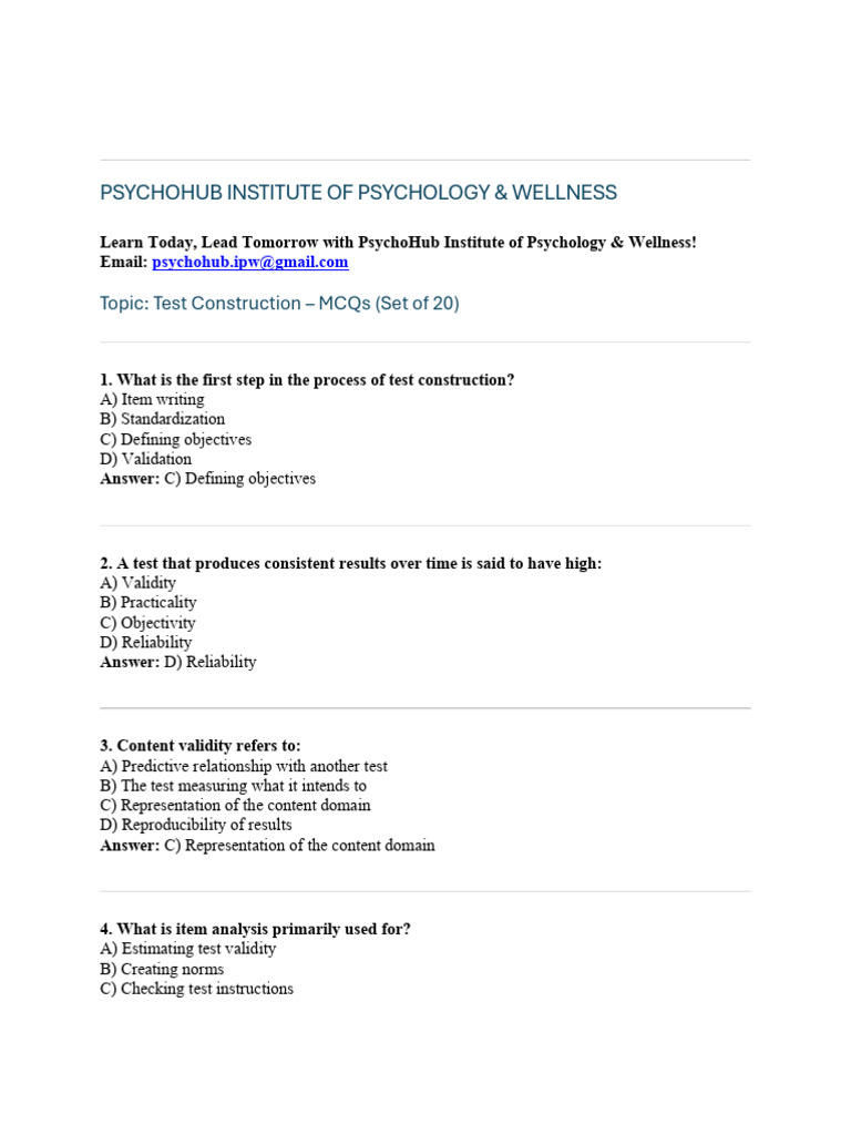 Test Construction MCQs: Key Concepts | PDF | Validity (Statistics ...
